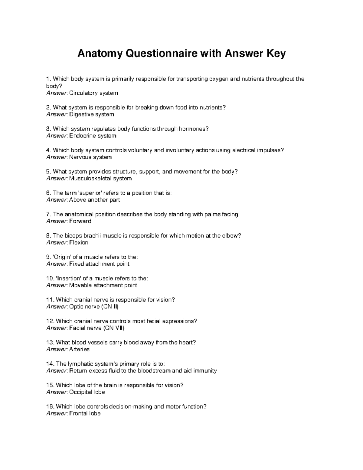 Anatomy Questionnaire with Answer Key for Course ANAT101 - Studocu