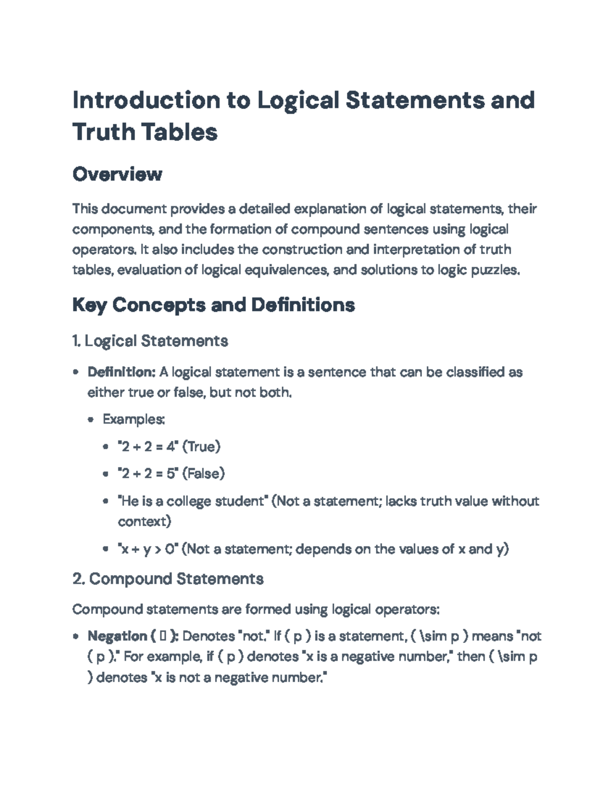 Introduction to Logical Statements, Truth Tables, and Equivalences ...