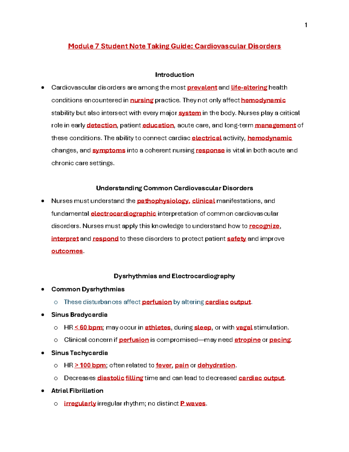 Module 8 Student Note Taking Guide: Care of Cardiovascular Disorders ...