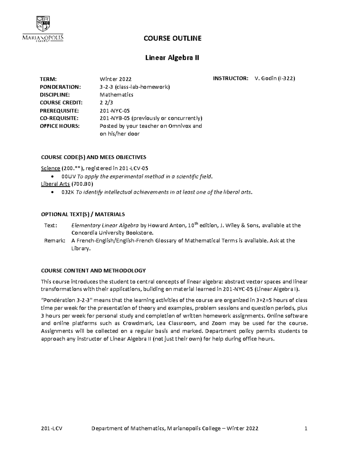 W22 201-LCV Linear Algebra II Course Outline and Objectives - Studocu