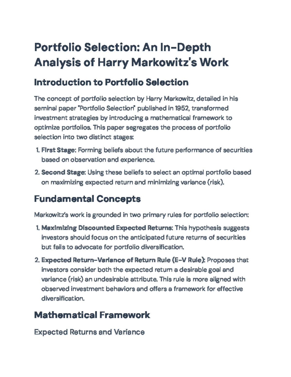 Portfolio Selection: Analysis of Harry Markowitz's 1952 Model ...