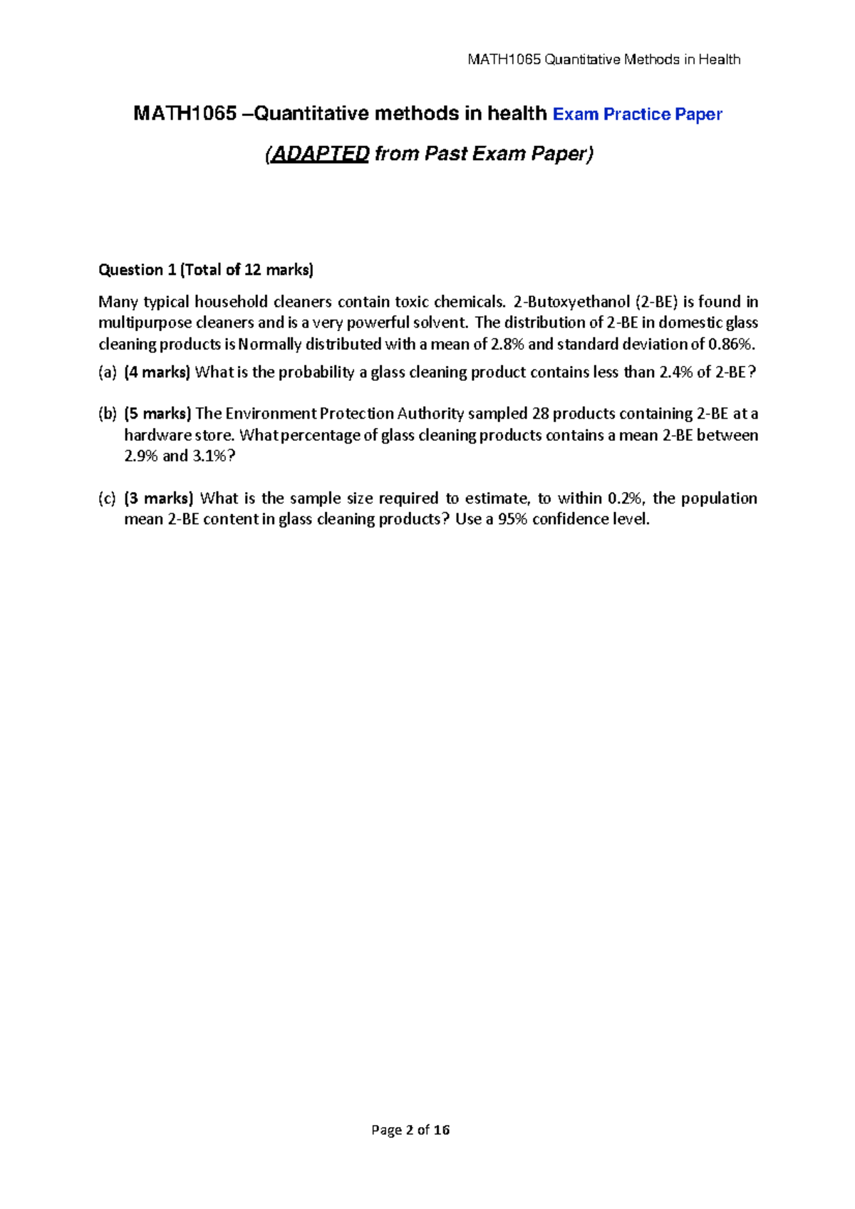 MATH1065 Exam Practice Paper for Quantitative Methods in Health ...