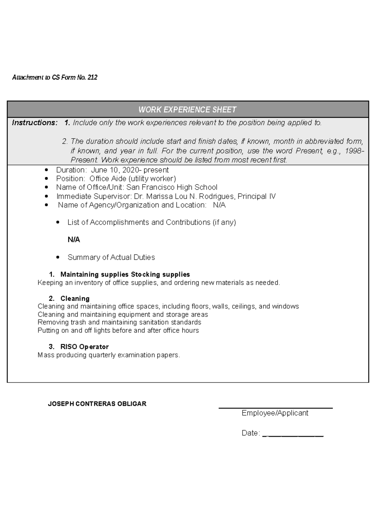 CS Form No. 212 Attachment - Work Experience Sheet - JOSEPH CONTRERAS ...