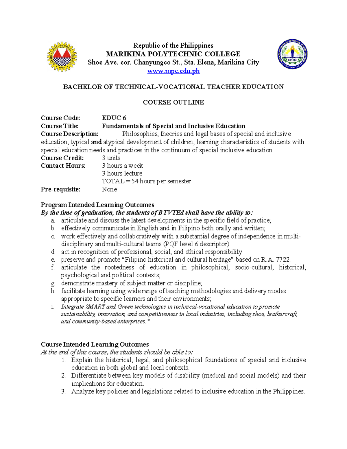 EDUC 6 - Course Outline: Fundamentals of Special & Inclusive Education ...