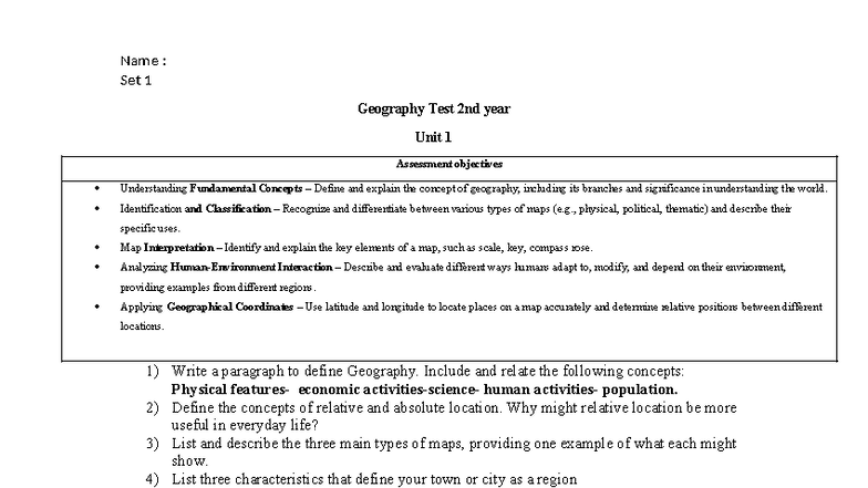 Geography Test Unit 1 - Set 1 Assessment Guide 2025 - Studocu