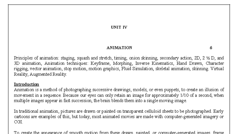 CCS352 Unit IV Animation: Principles, Techniques, and Types - Studocu
