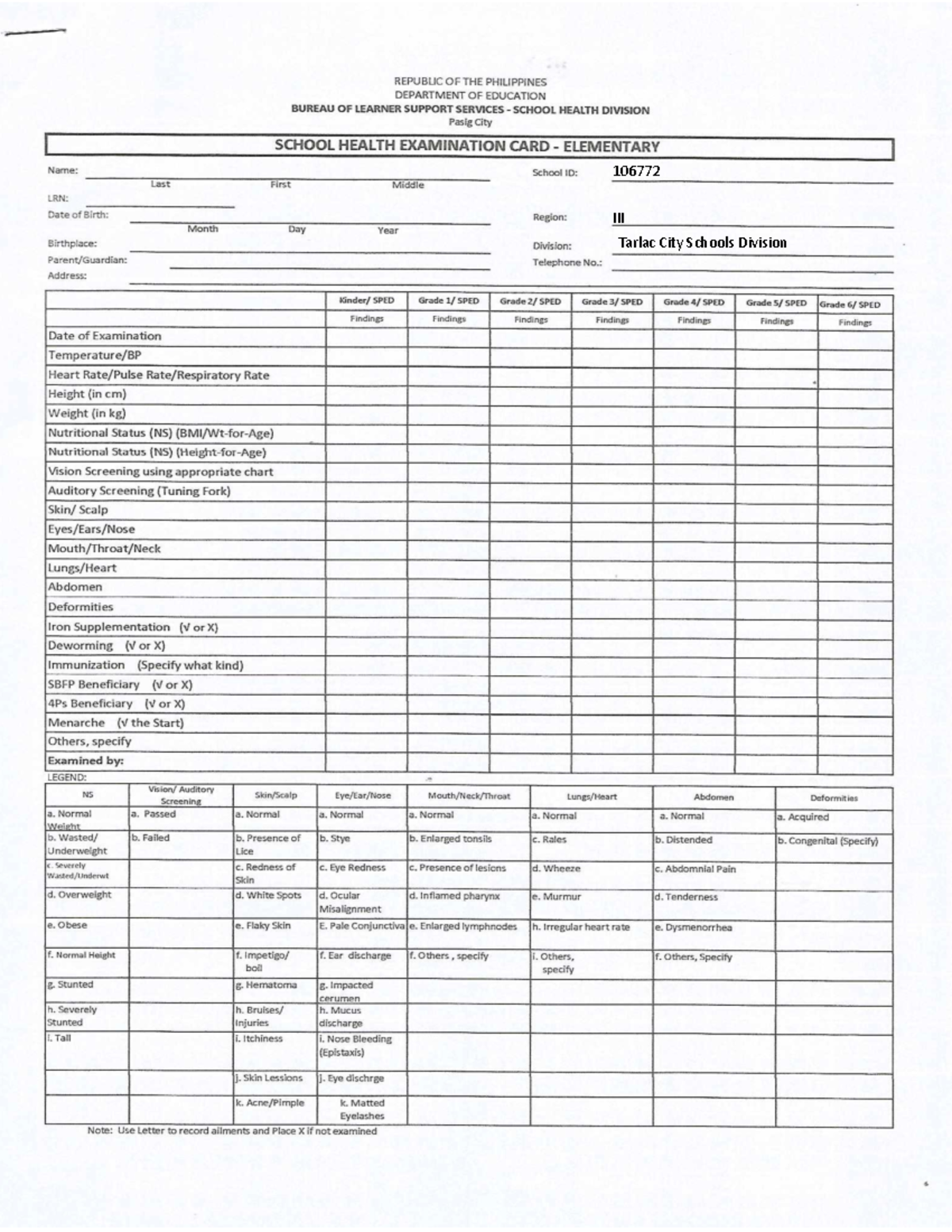 School health examination card - elementary (ID: 106772) - Studocu