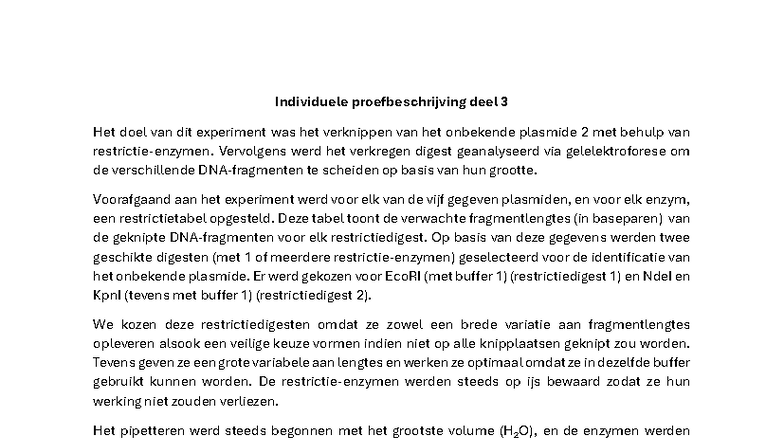 Individuele Proefbeschrijving Deel 3: Analyse van Plasmide Digesten ...