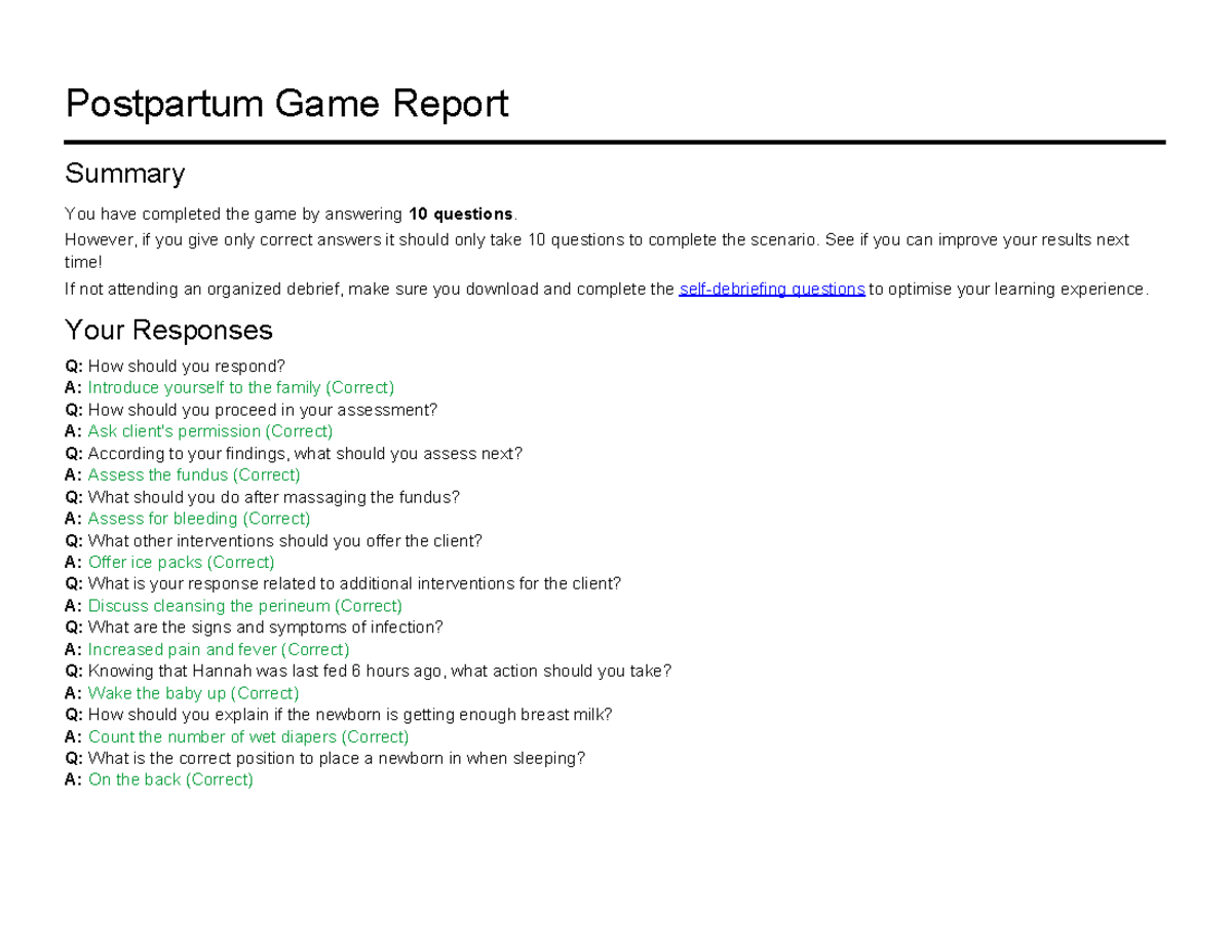 Maternity 3 - vhjhkl - Postpartum Game Report Summary You have ...