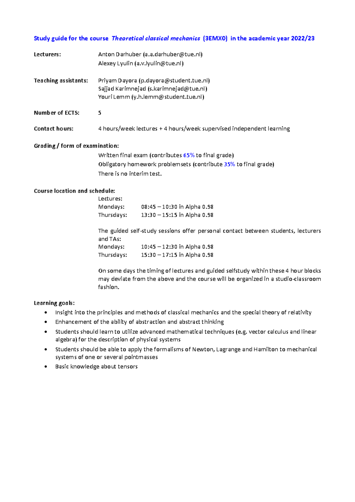 Theoretical Classical Mechanics Study Guide - 3EMX0 - 2023/2024 ...