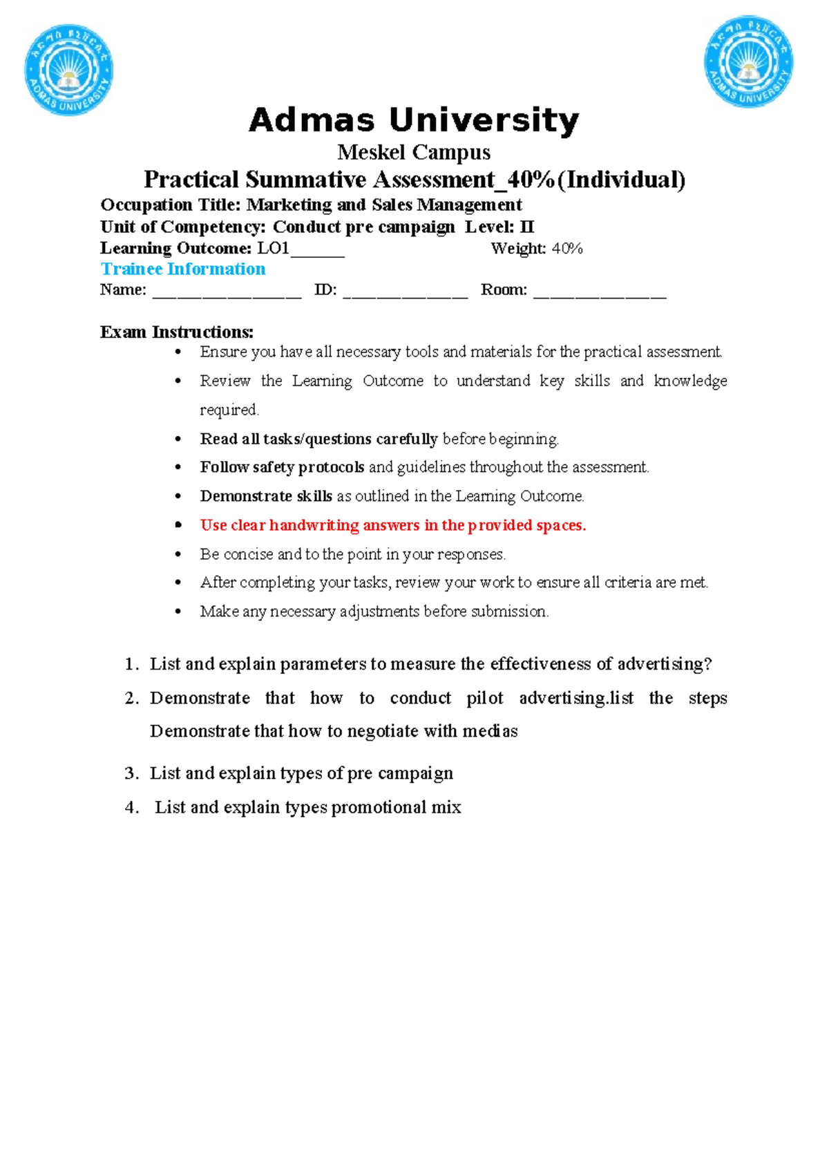 Admas University Marketing & Sales Management Practical Assessment ...