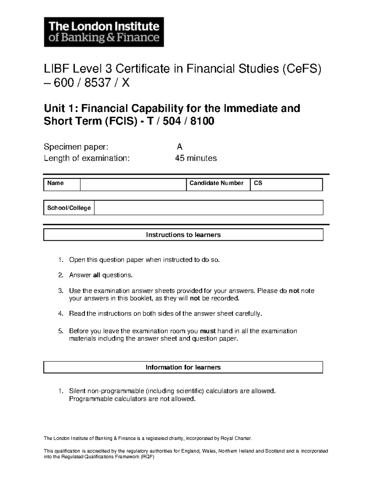 LIBF Level 3 Certificate in Financial Studies Exam Studies Questions ...