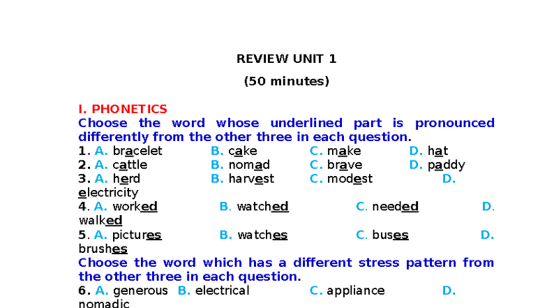 Review Unit 1: Phonetics, Vocabulary, Grammar & Reading Exercises - Studocu