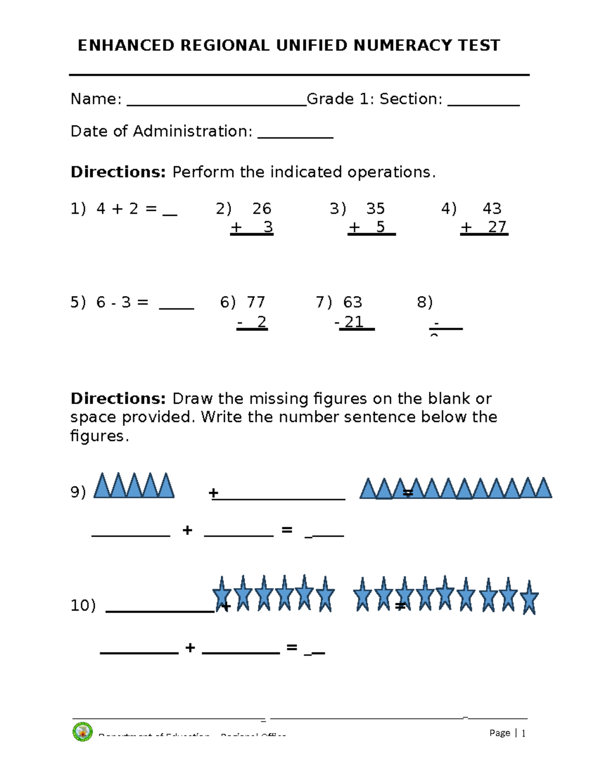 Grade 1 Enhanced Regional Unified Numeracy Test (RUNT) - Studocu
