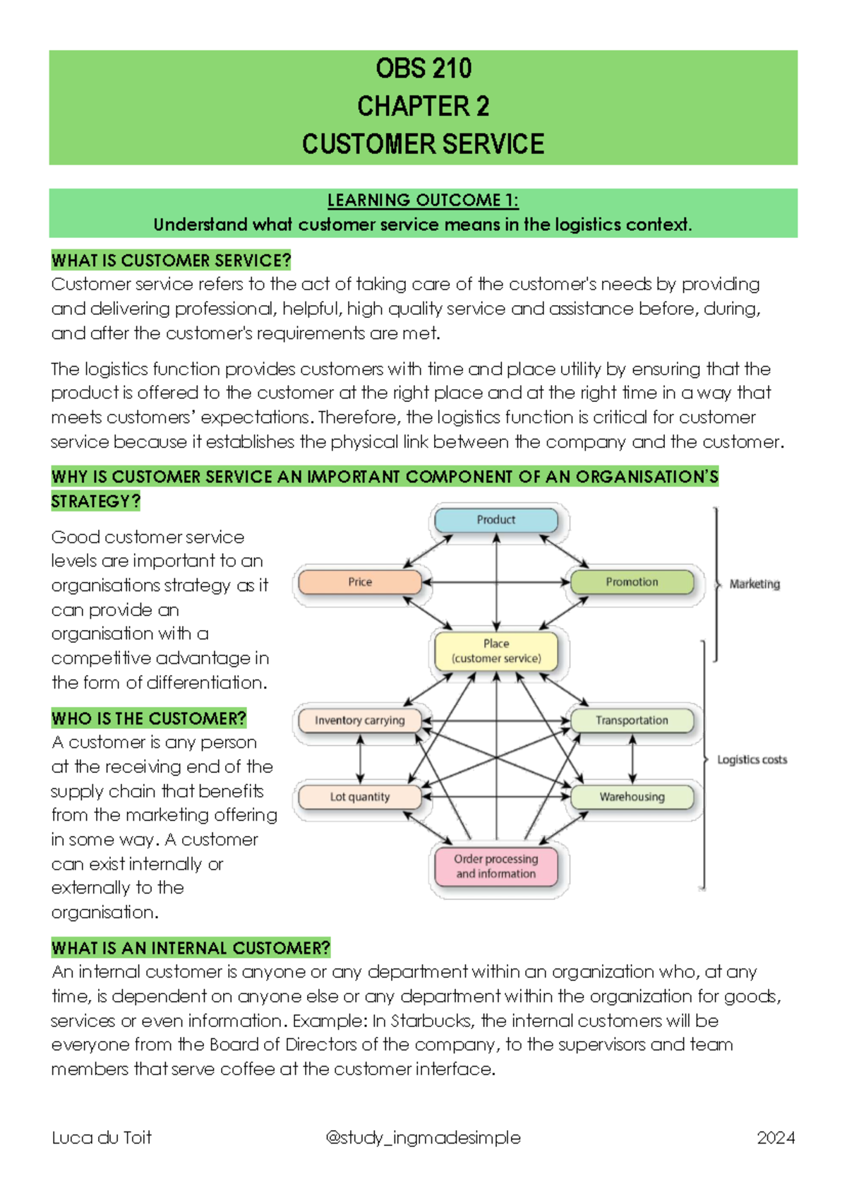 OBS 210 CHAPTER 2: Understanding Customer Service in Logistics - Studocu