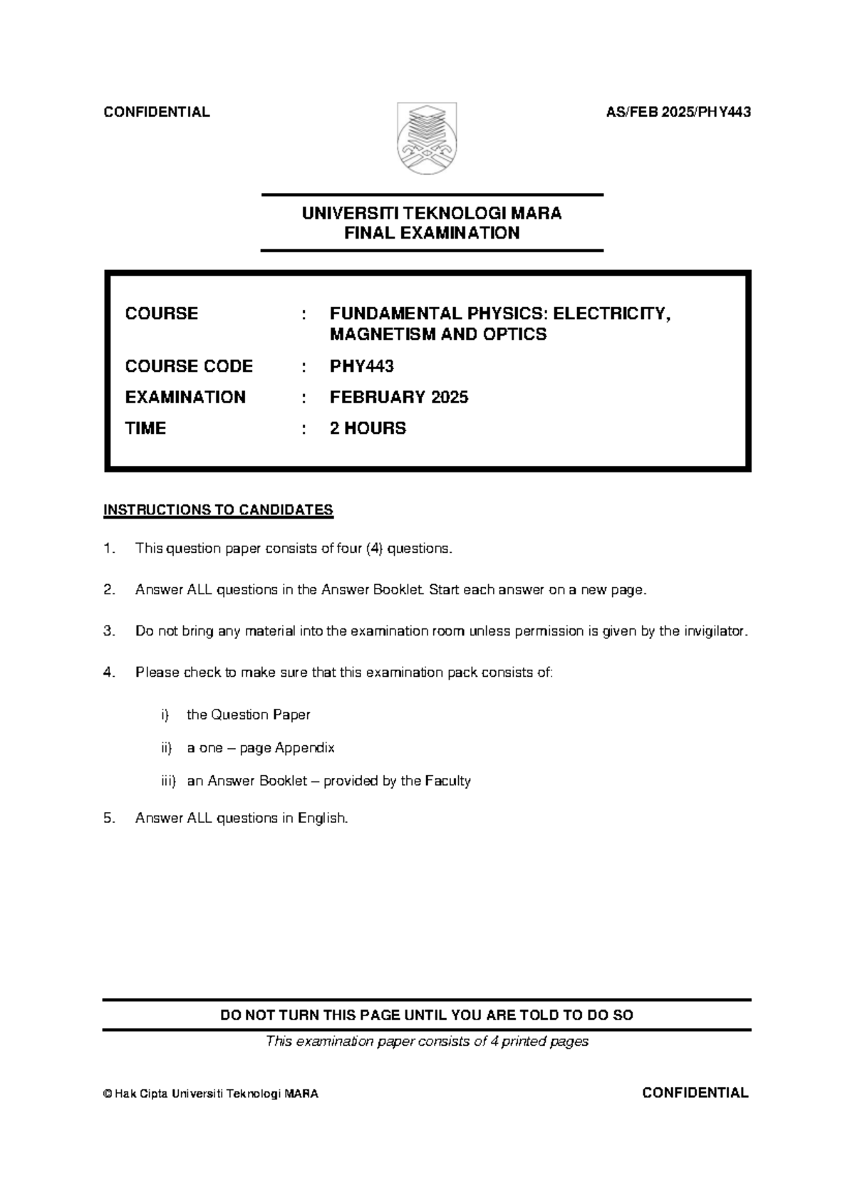 PHY443 Final Exam: Fundamental Physics - Electricity, Magnetism ...