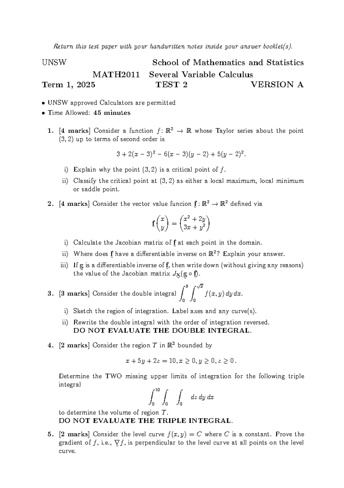 MATH2011 Test 2 Past Paper - Several Variable Calculus 2025 T1 - Studocu