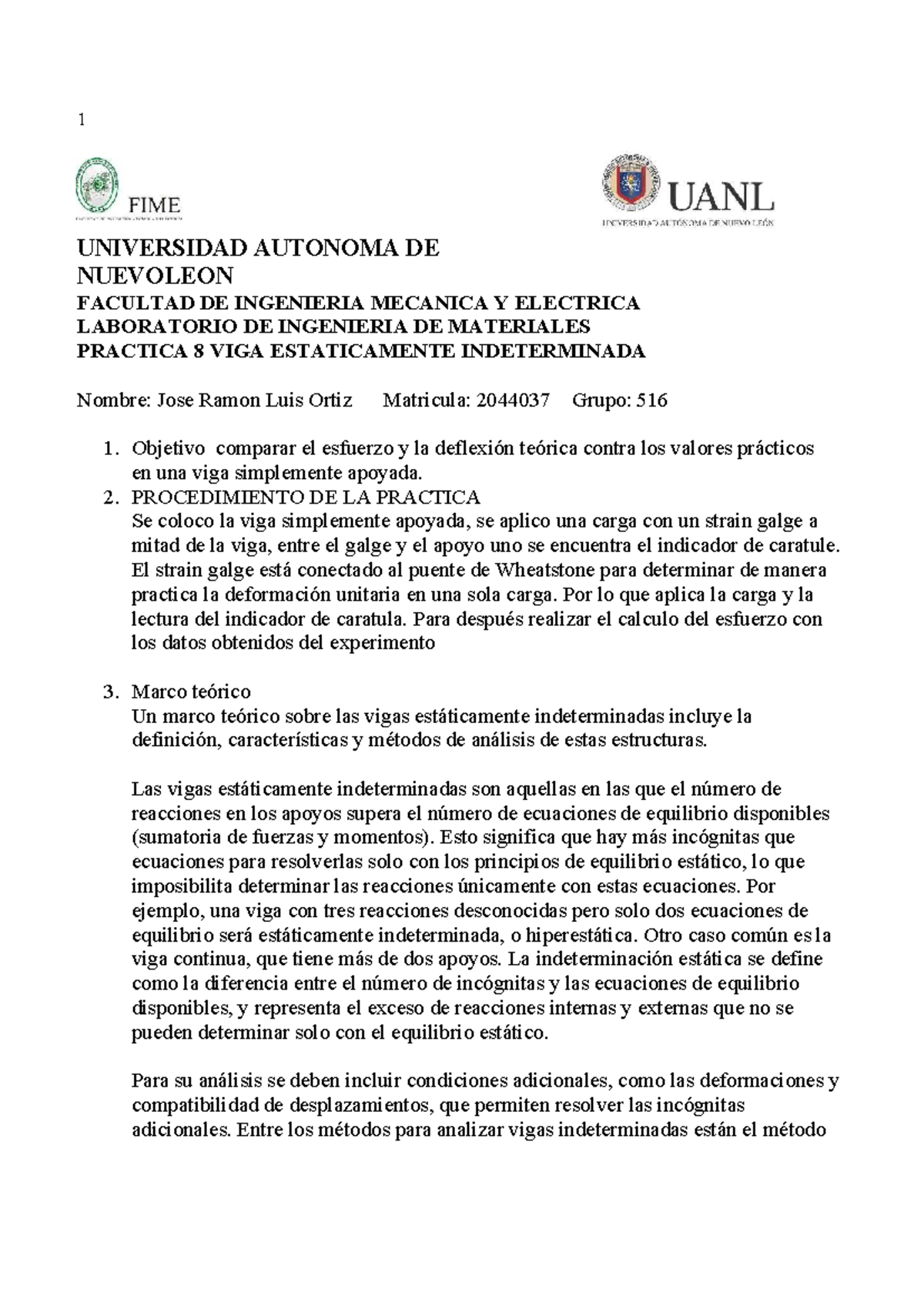 Práctica 8: Viga Estáticamente Indeterminada - Lab Ing. Materiales ...