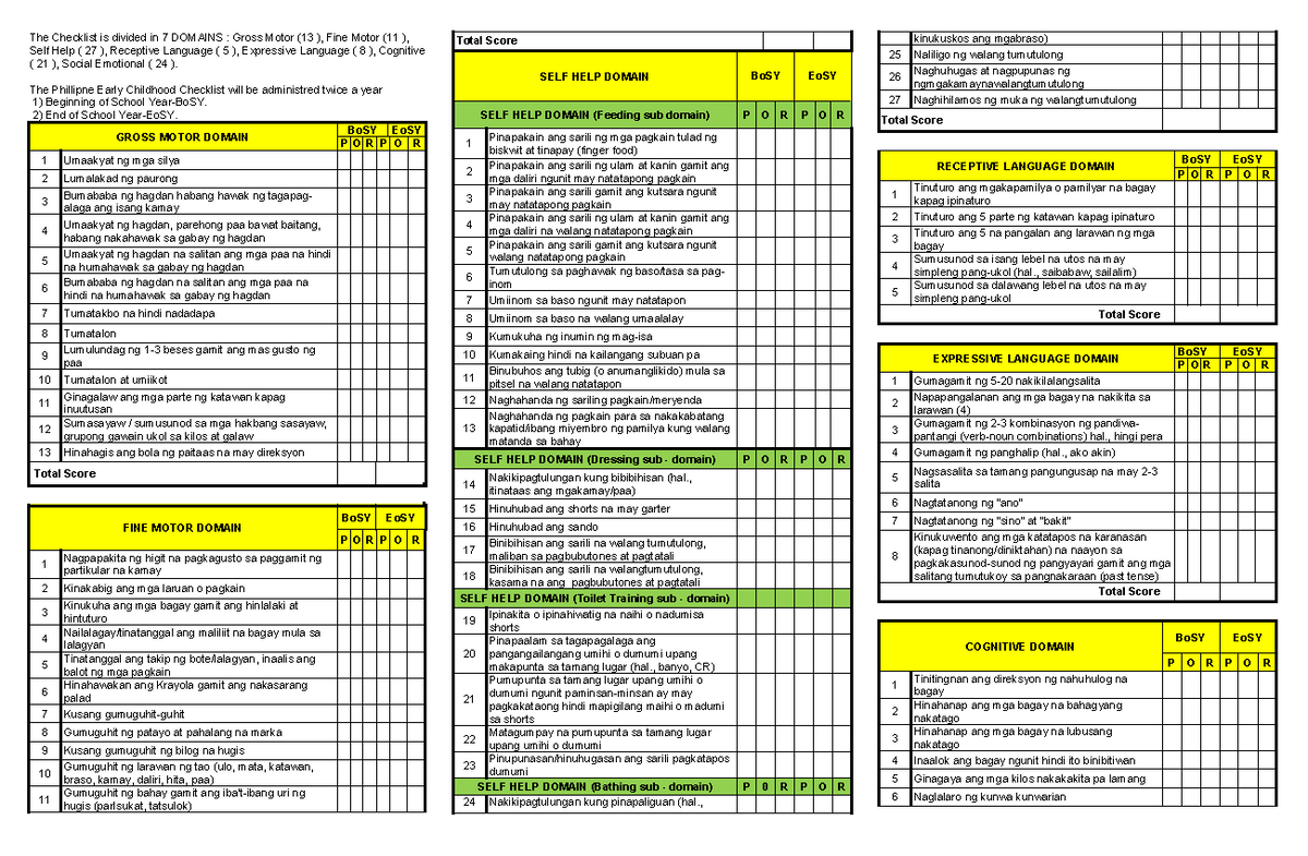 ECCD Checklist for Early Childhood Development (BoSY & EoSY) - Studocu