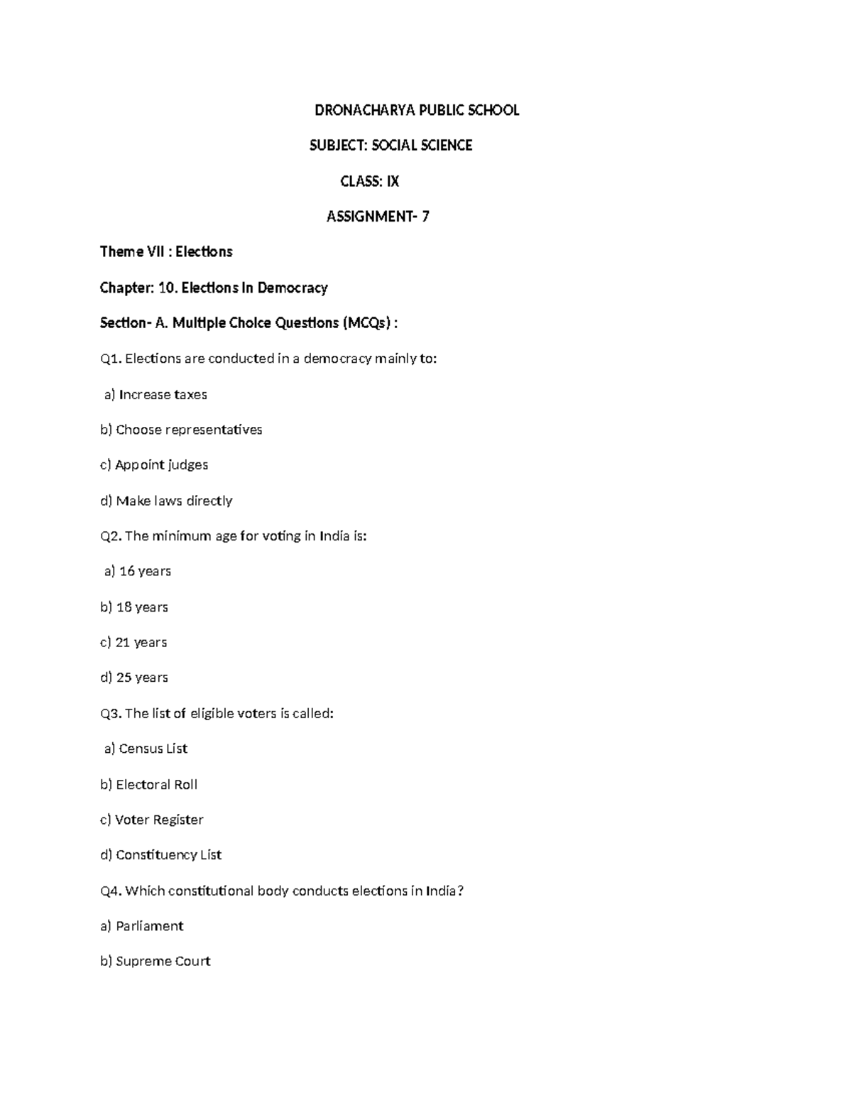 Class IX Social Science: Chapter 10 - Elections in Democracy MCQs & Qs ...