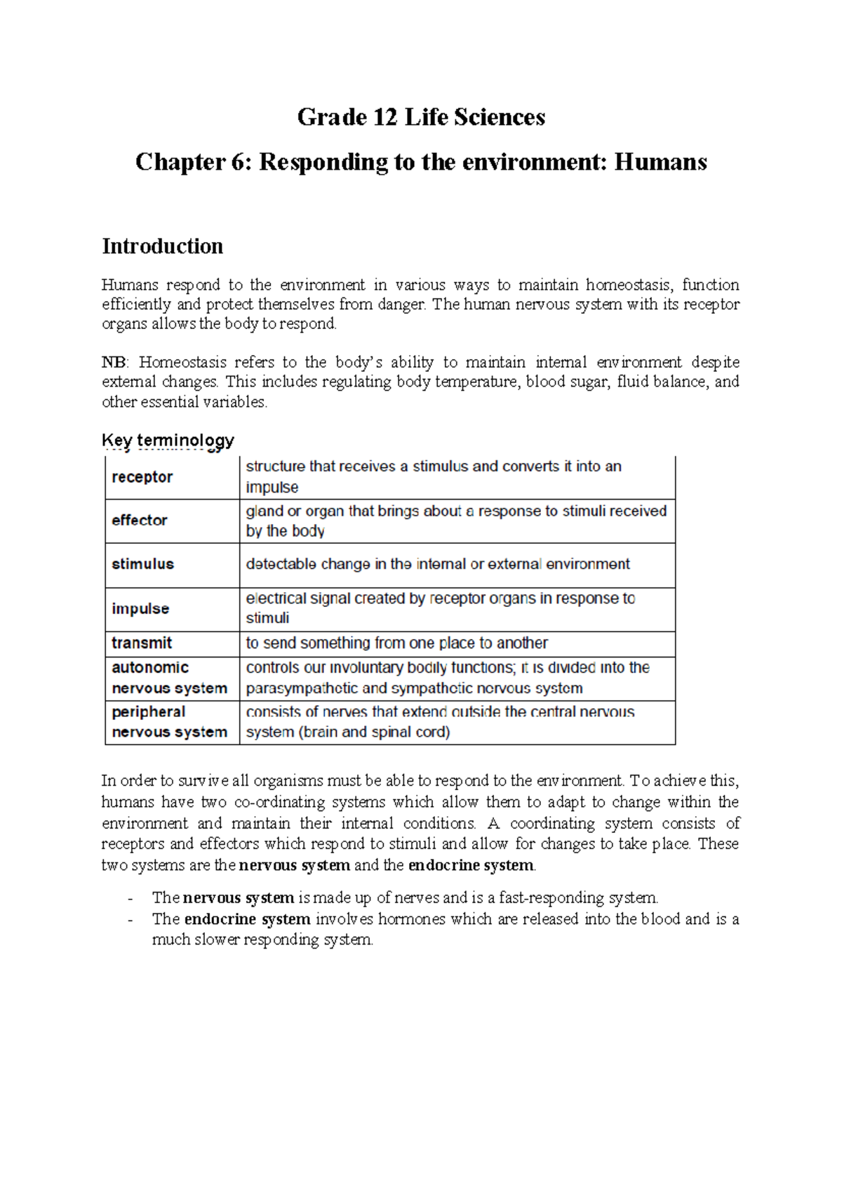 Grade 12 Life Sciences: Chapter 6 - Human Responses to the Environment ...