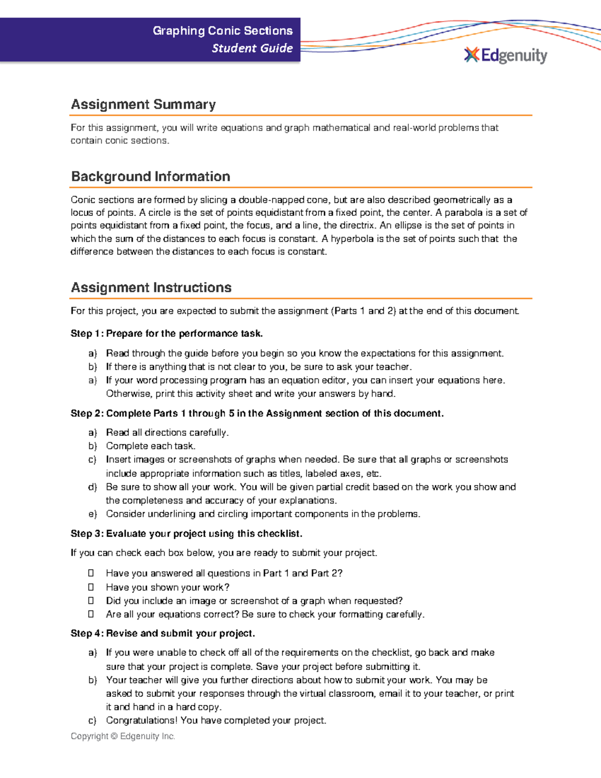 Performance Task - Graphing Conic Sections - Student Guide - Studocu
