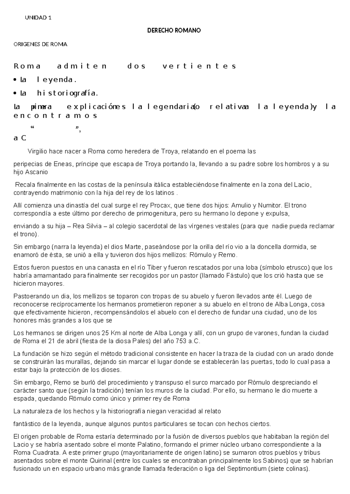 Resumen Derecho Romano - UNIDAD 1 DERECHO ROMANO ORIGENES DE ROMA LLL ...