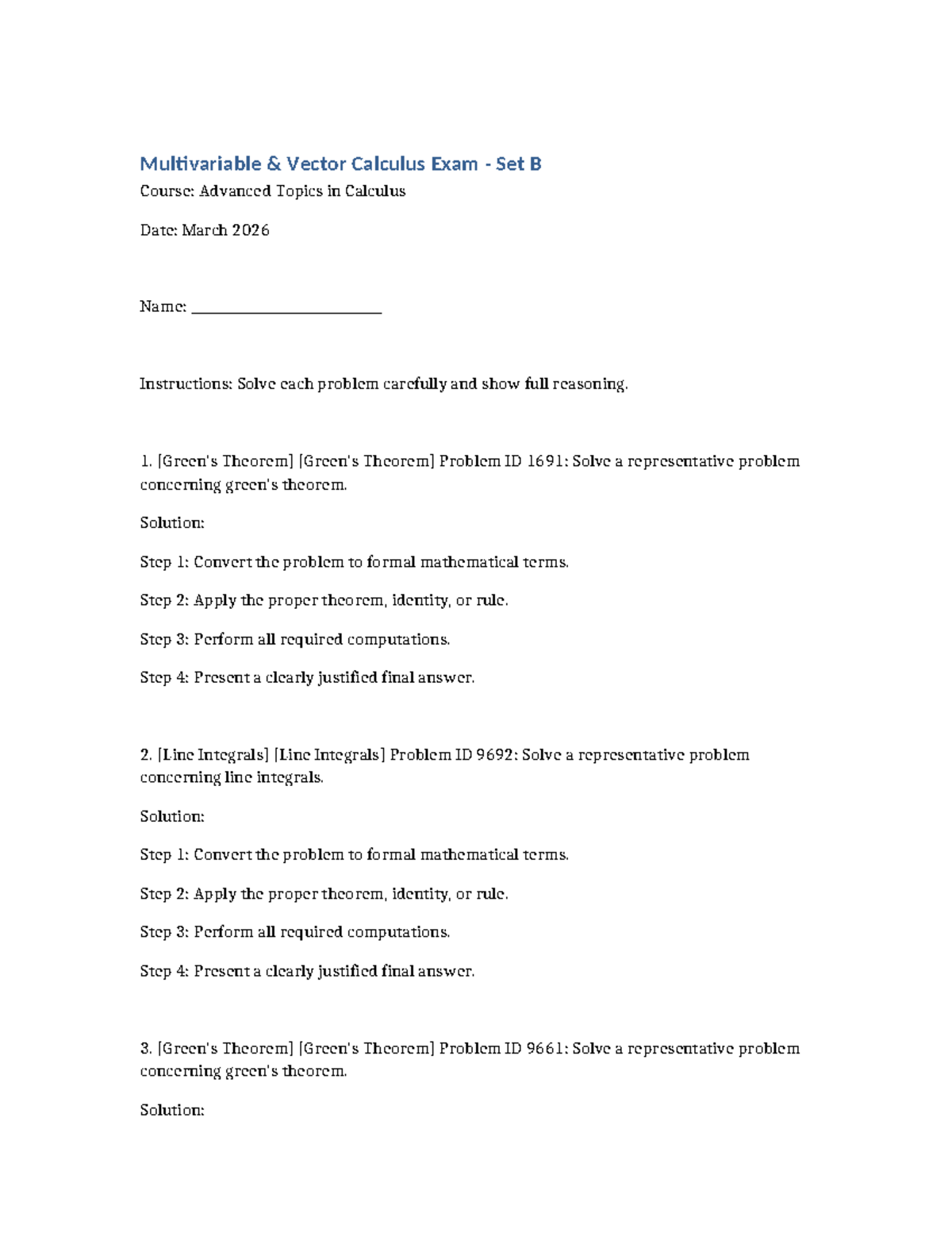 Multivariable Vector Calculus Exam Set B - Math 5877 - Studocu