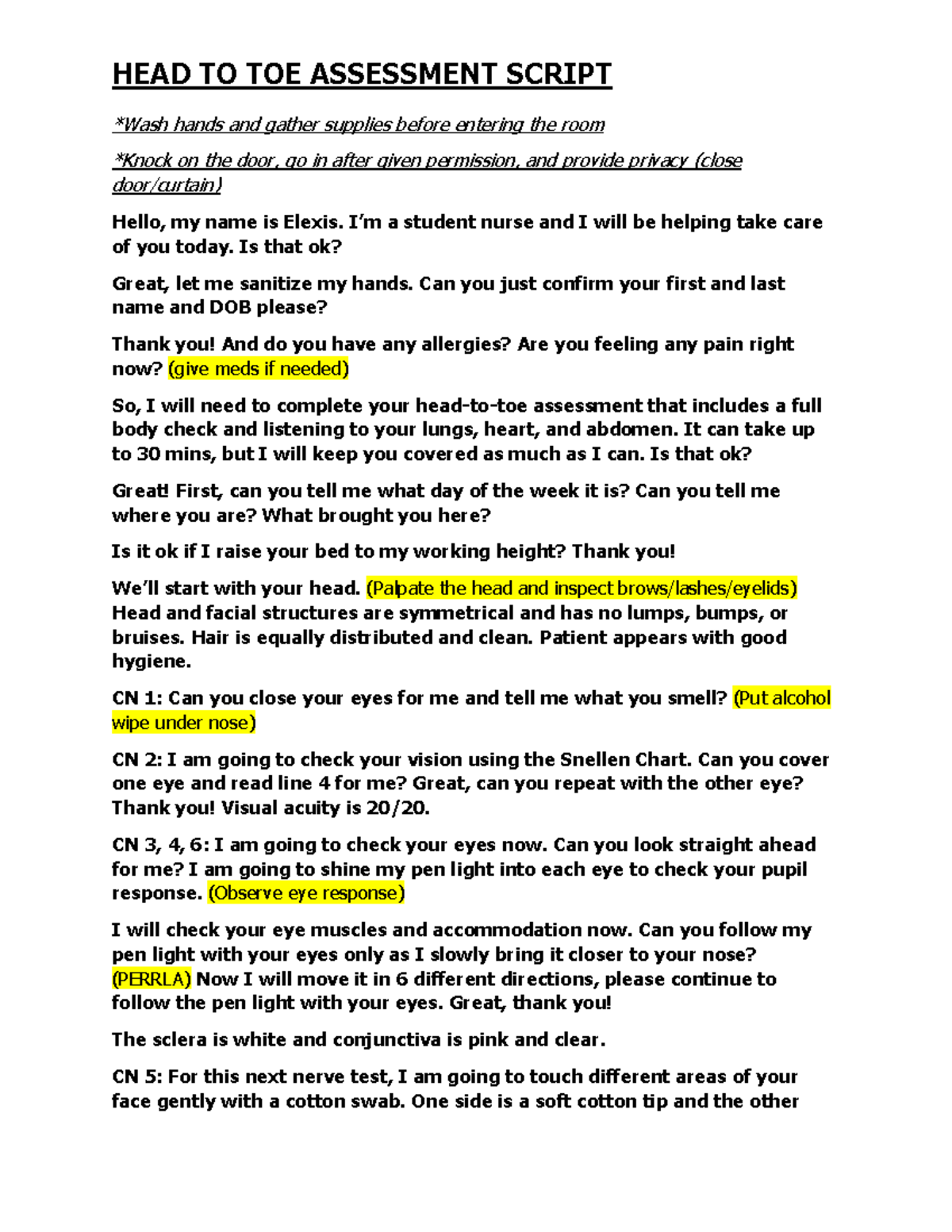 Health Assessment CPE Script: Comprehensive Head-to-Toe Assessment Guide - Studocu