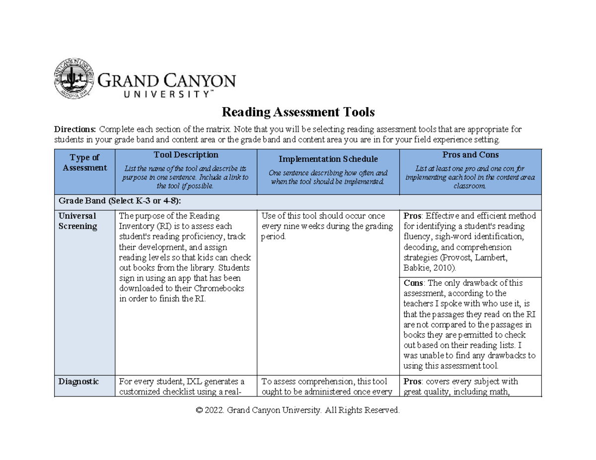 REA-325 Reading Assessment Tools - Reading Assessment Tools Directions ...