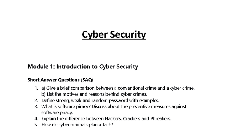 Cyber Security Module 1 & 2: SAQ & LAQ Questions Overview - Studocu