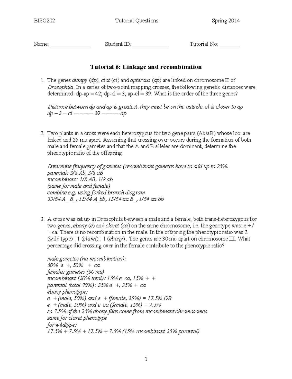 Quiz 6 2014, questions and answers - BISC202 Tutorial Questions Name ...