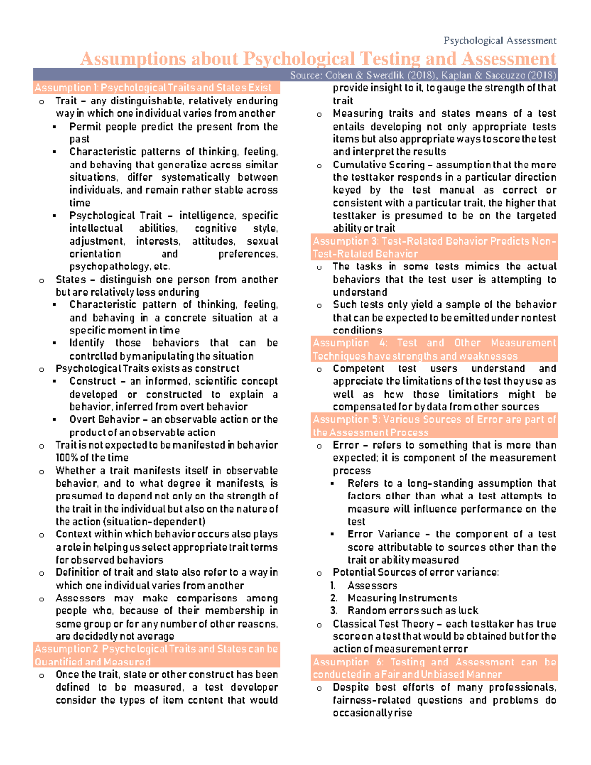 Psych Assess 3: Key Assumptions in Psychological Testing - Studocu