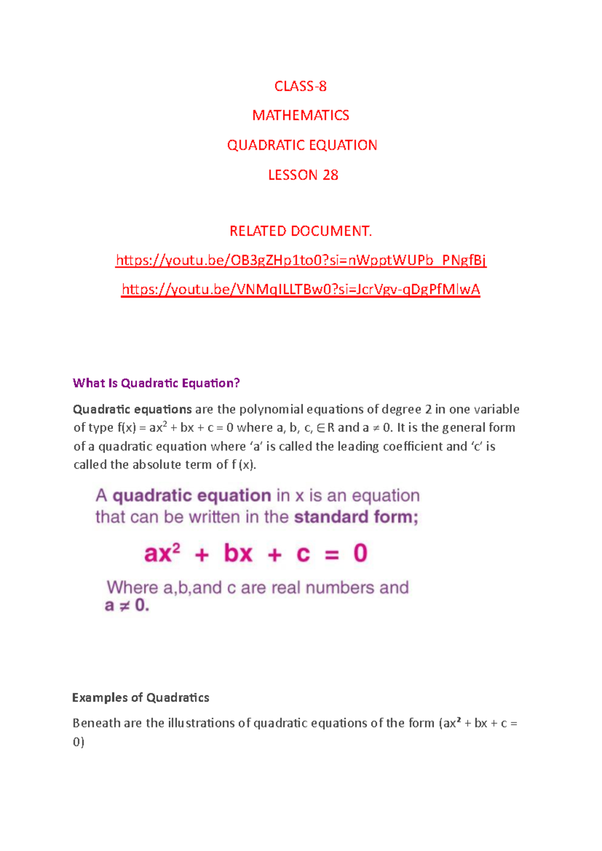 Class 8 Mathematics Lesson 28: Understanding Quadratic Equations - Studocu
