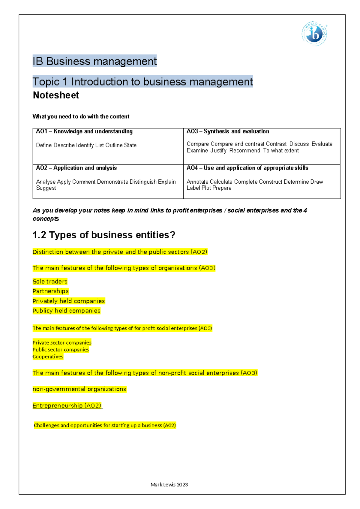 1.2 Types of business entities Notesheet - IB Business management Topic ...