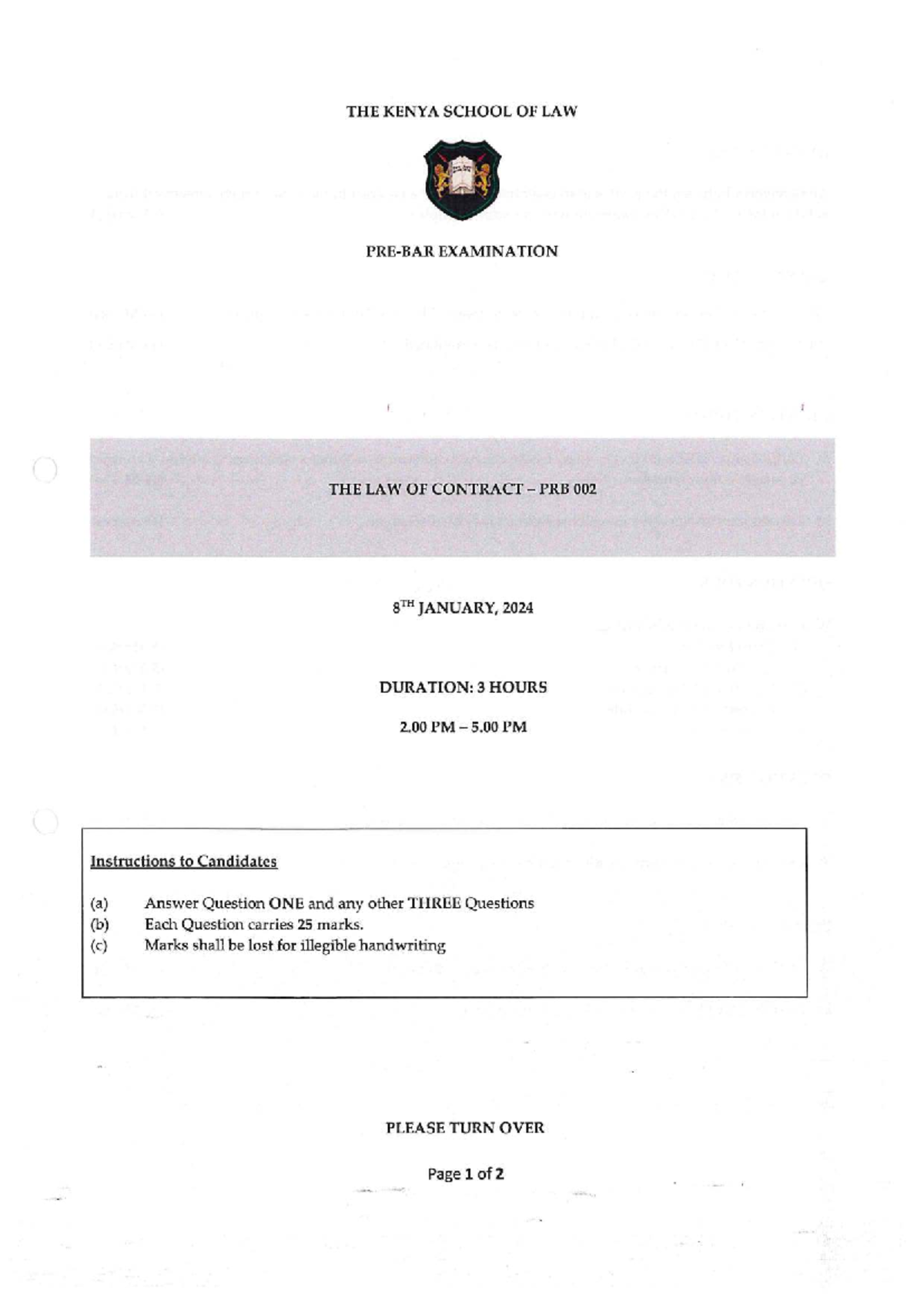 Law of Contract Exam PRB 002 - 8th Jan 2024 - Studocu