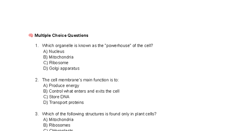Bio 101: Practice MCQs on Cell Organelles and Functions - Studocu
