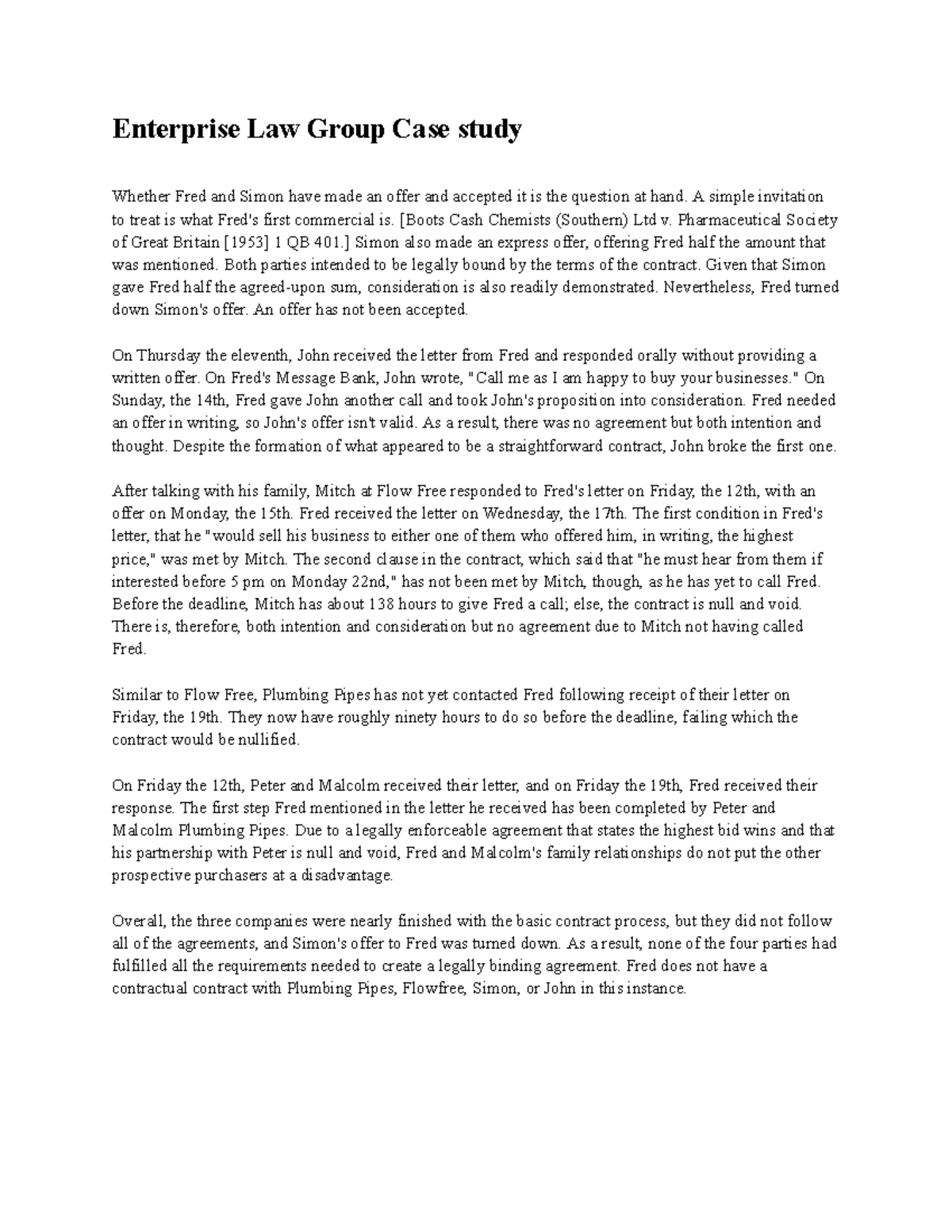 Enterprise Law Group Case Study: Offer and Acceptance Analysis - Studocu