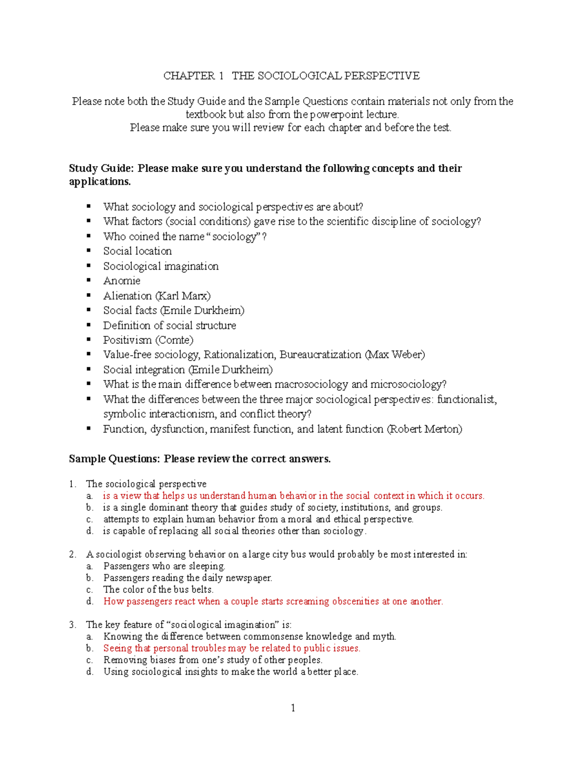 Chapter 1 study guide - CHAPTER 1 THE SOCIOLOGICAL PERSPECTIVE Please ...