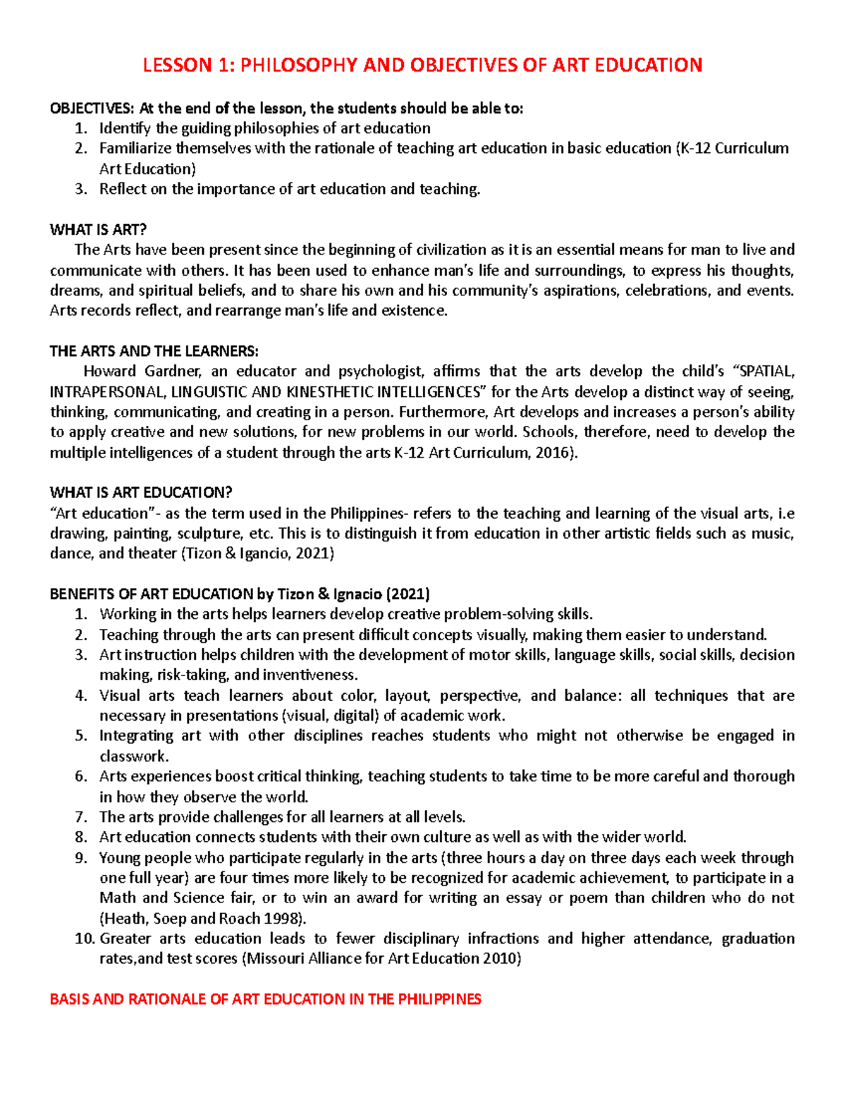 Teaching ARTS- Lesson 1 - LESSON 1: PHILOSOPHY AND OBJECTIVES OF ART ...