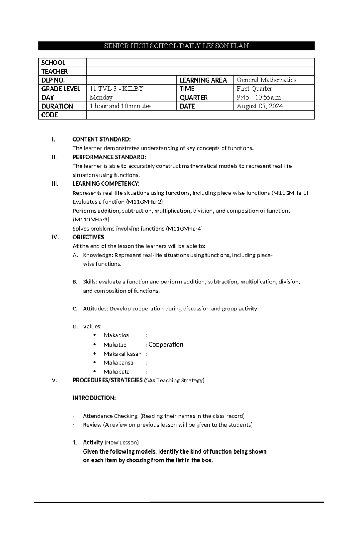 M11GM-Ia-1 Lesson Plan: Representing Real-Life Situations with ...