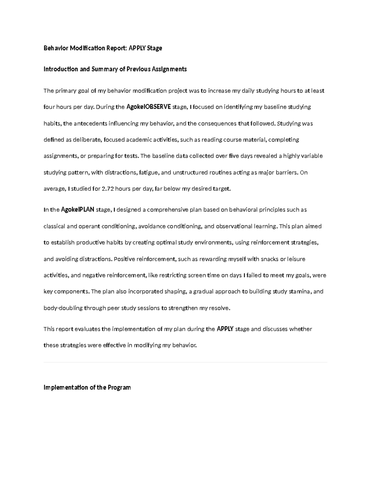 Behavior Modification Report: APPLY Stage Insights & Strategies - Studocu