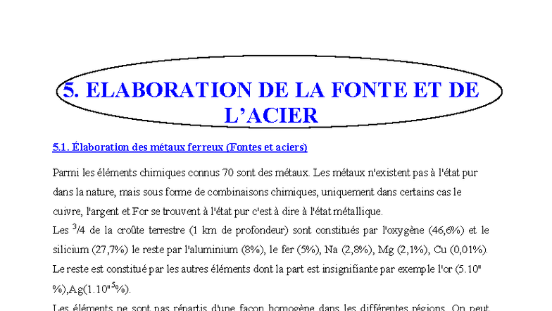Chapitre 5 : Élaboration des Métaux Ferreux et de la Fonte (ACIER ...