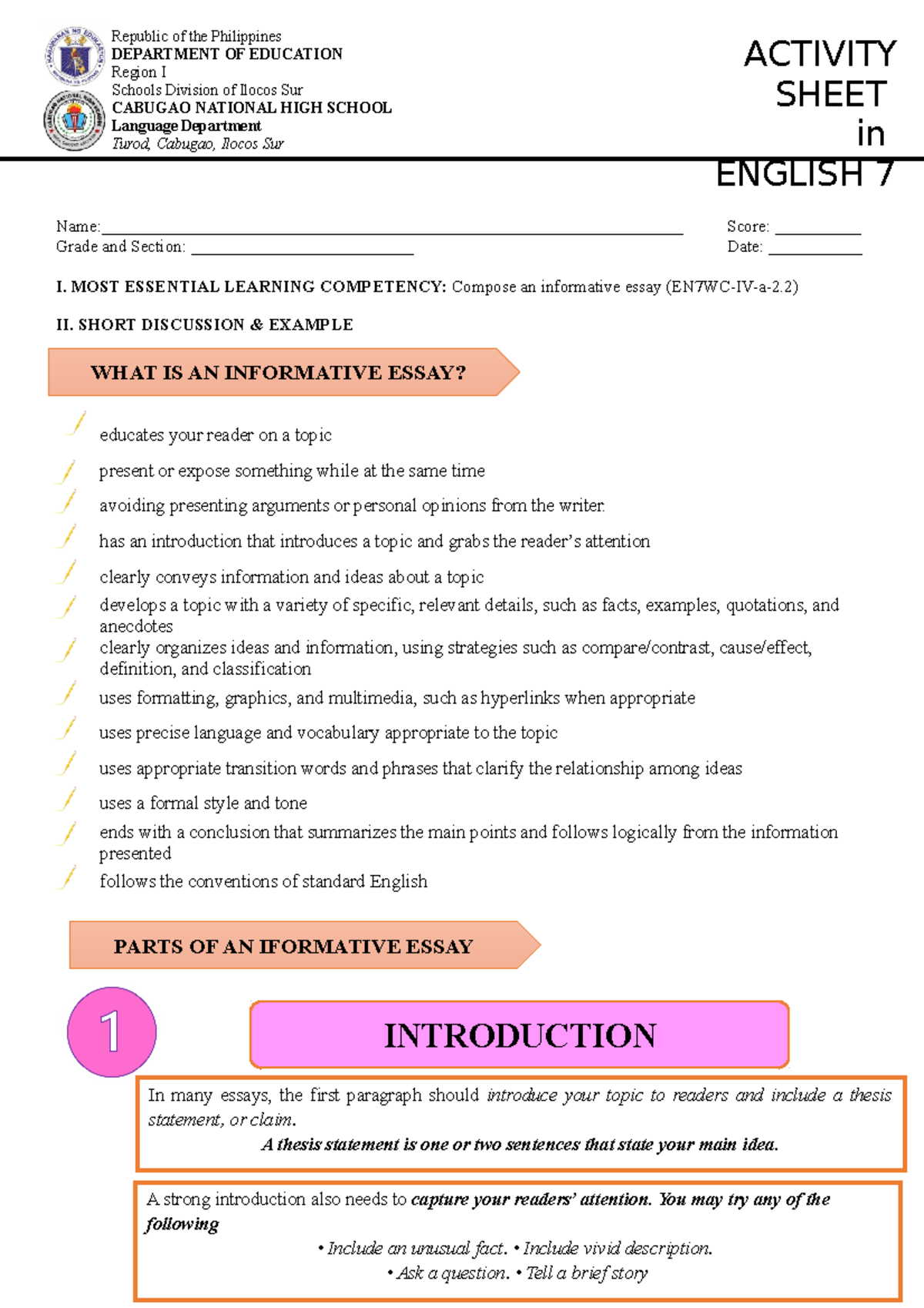 EN7 Informative Essay Activity Sheets and Writing Guide - Studocu