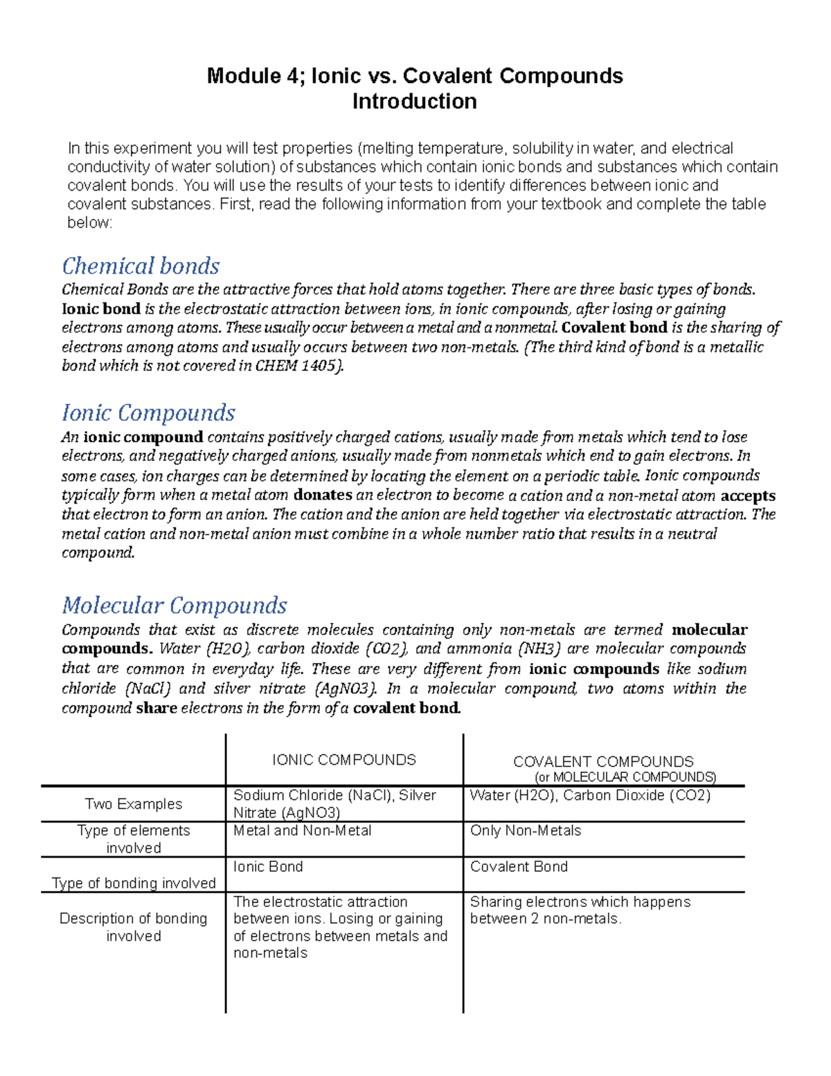 Module 4: Properties of Ionic vs. Covalent Compounds Analysis - Studocu