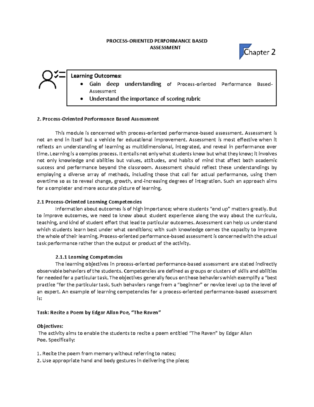 Prof Ed 311- Chapter 2 - Chapter 2 PROCESS-ORIENTED PERFORMANCE BASED ASSESSMENT 2. Process ...