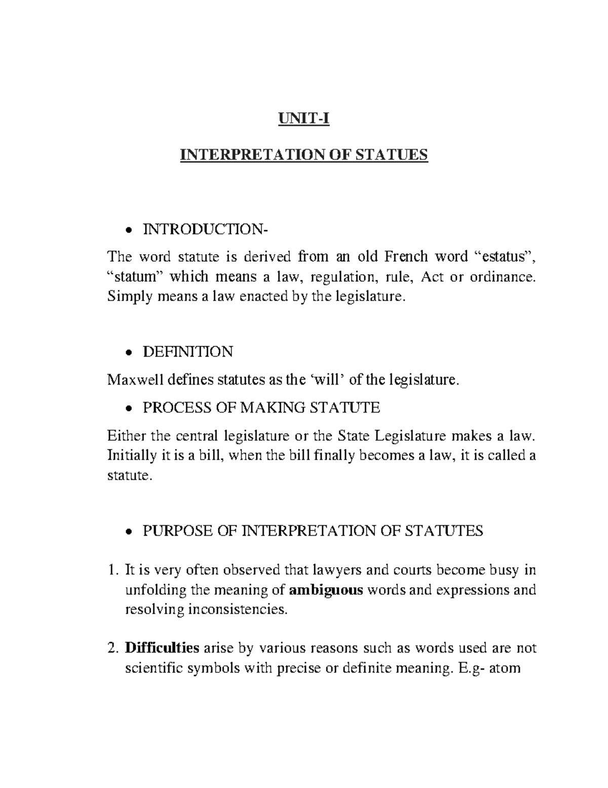 Important Notes on Interpretation of Statutes - Law 101 - Studocu