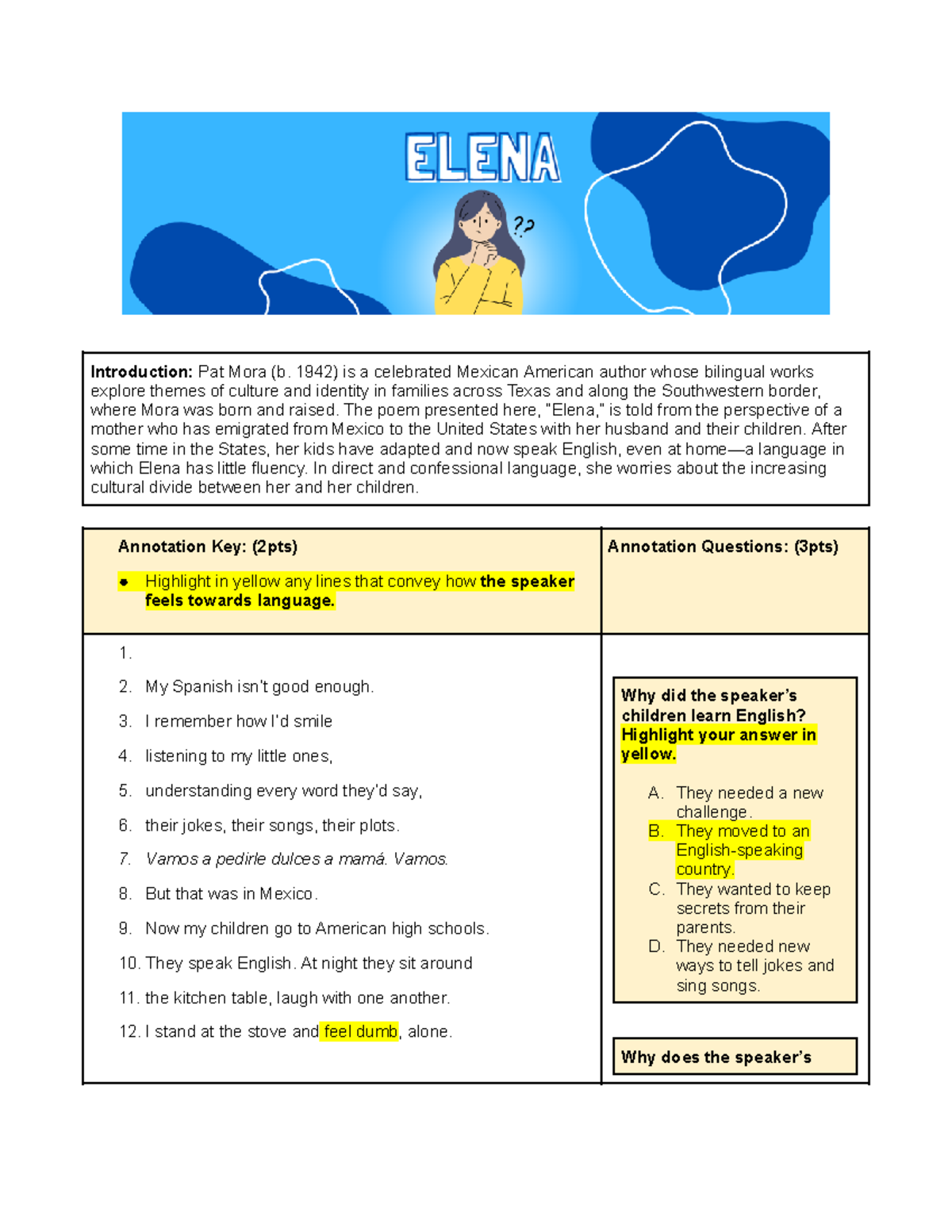 Elena Assignment: Exploring Language and Identity in Mora's Poem - Studocu