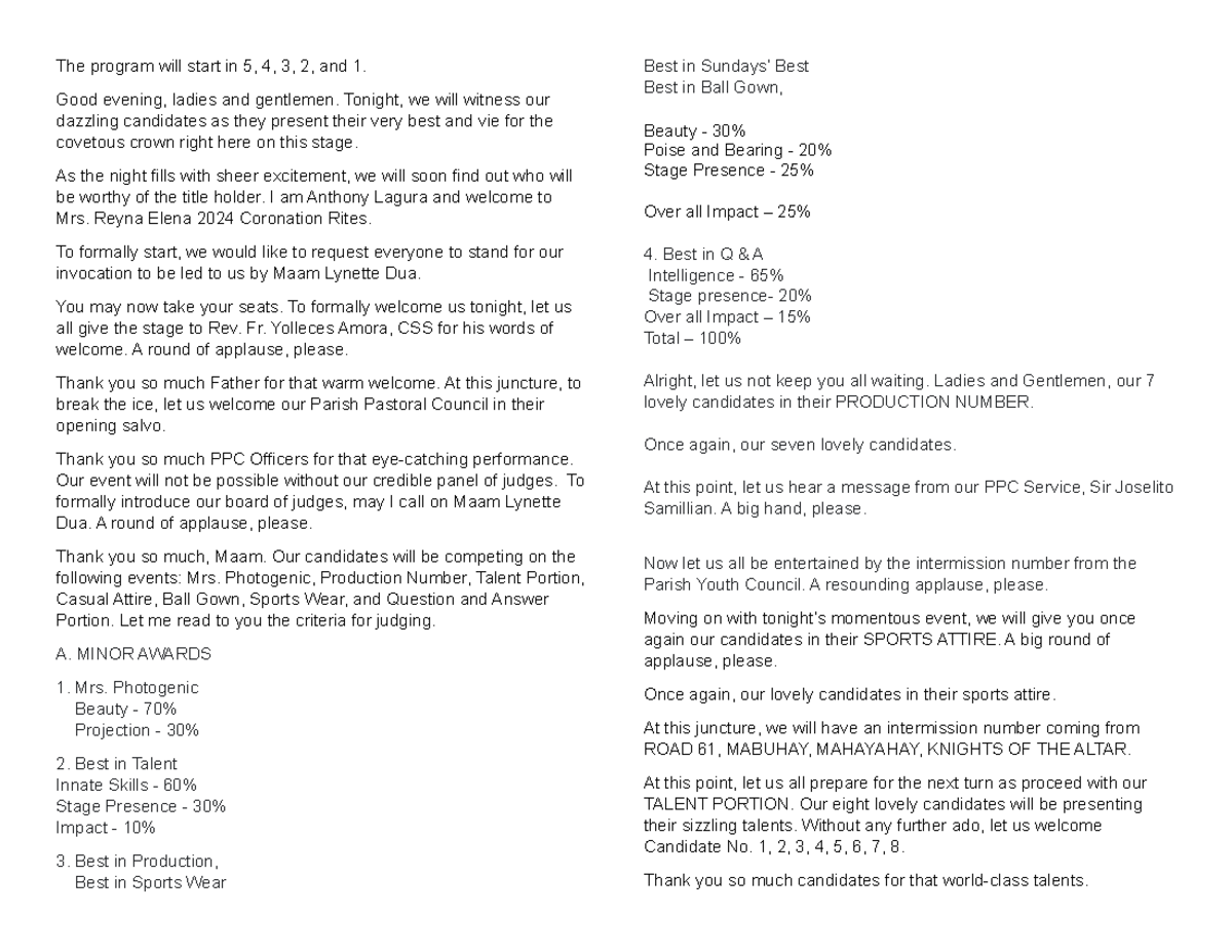 Mrs. Reyna Elena 2024 Coronation Rites Script - Studocu