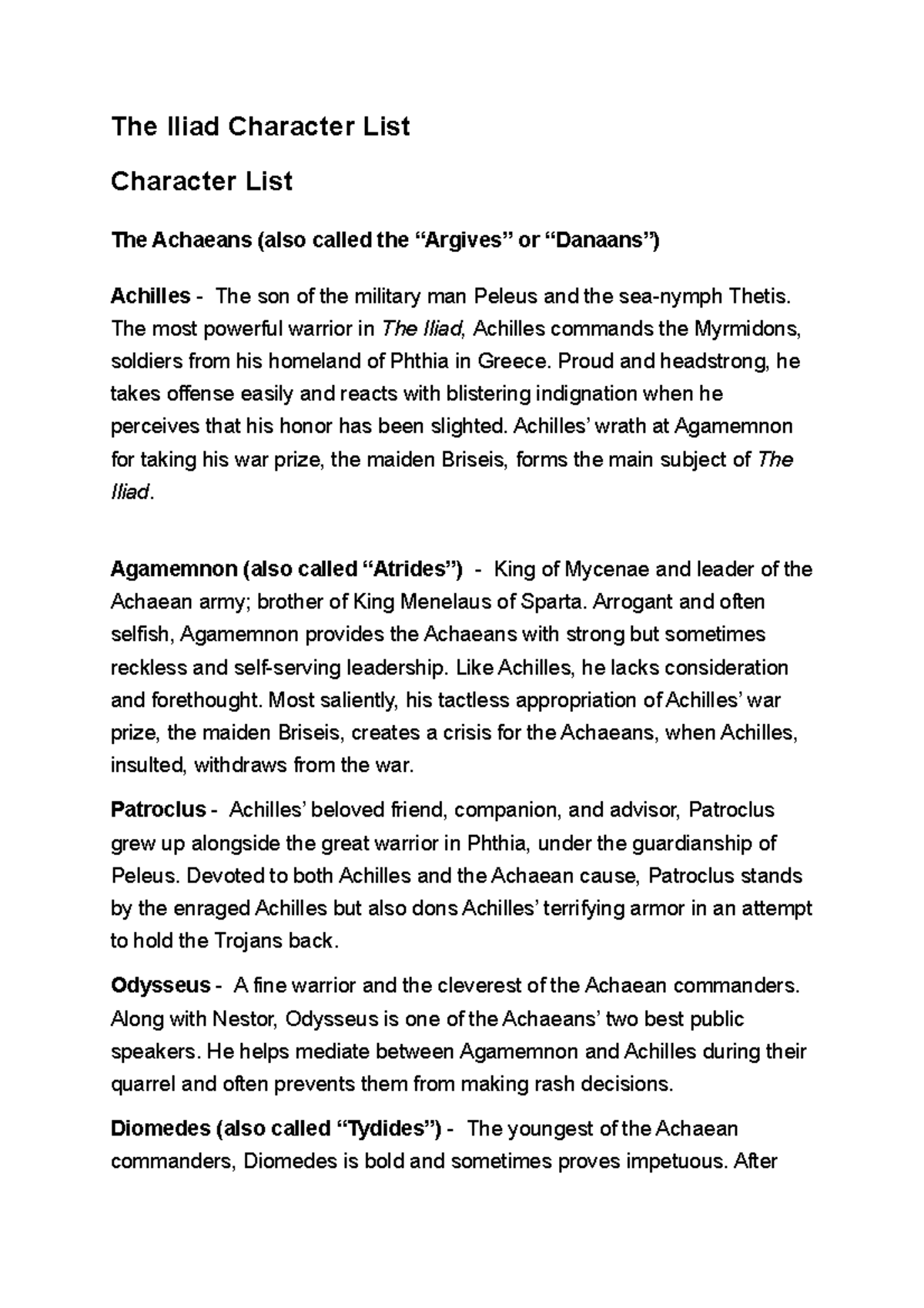 The Iliad Character Overview and Analysis Guide - Studocu